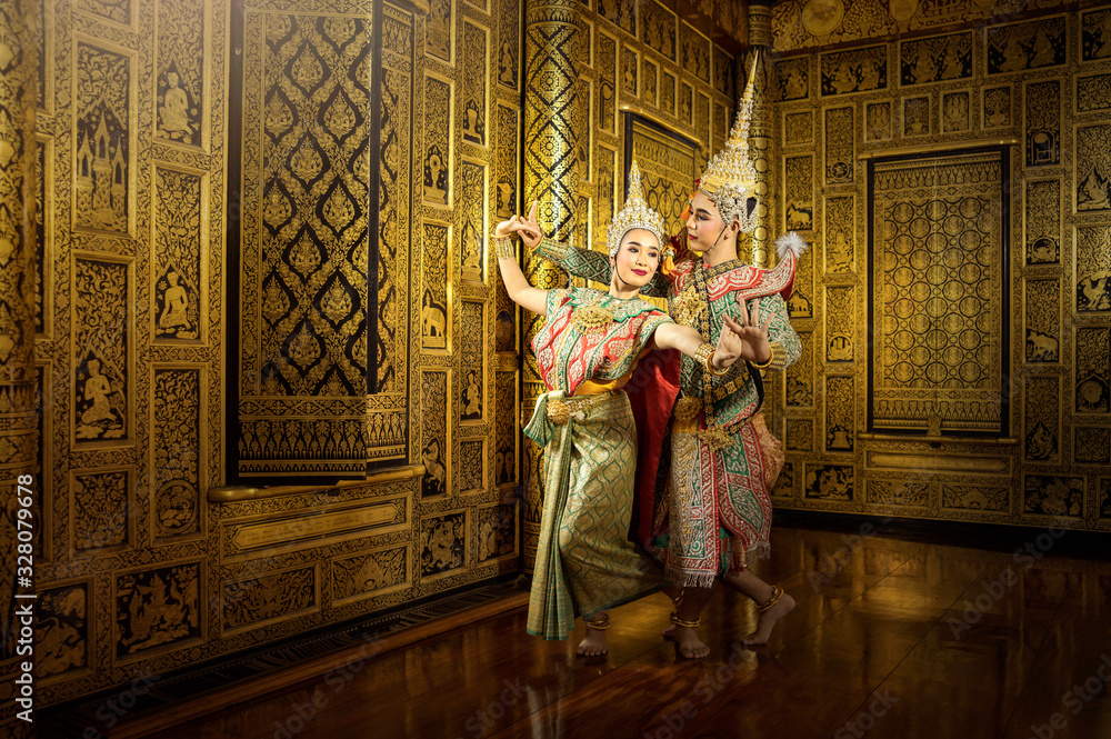Art culture Thailand Dancing in masked khon Benjakaj and Hanuman in literature amayana,thailand ...