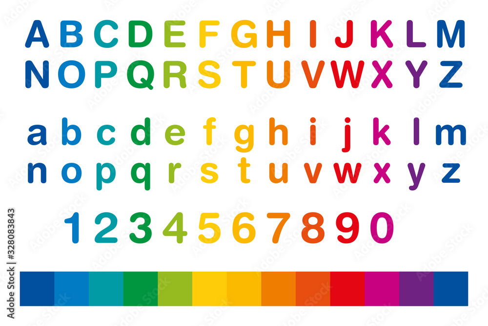 Rainbow colored alphabet and numbers in a row. Standard set of letters ...