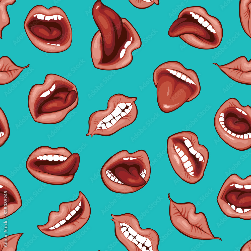 Vector seamless pattern with cute woman lips with various emotions ...