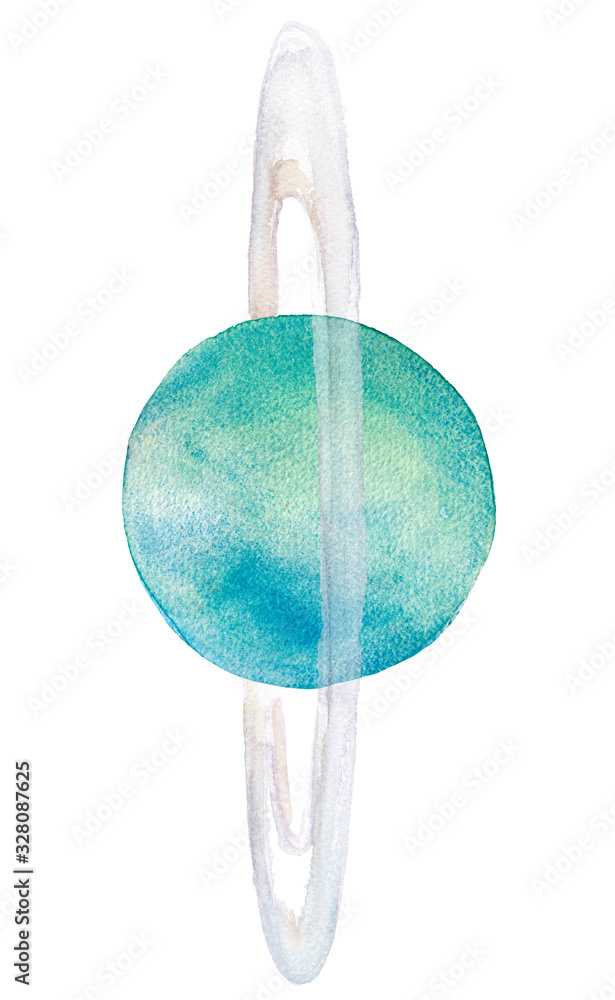 Watercolor planet illustration. Hand drawn Uranus isolated on white ...