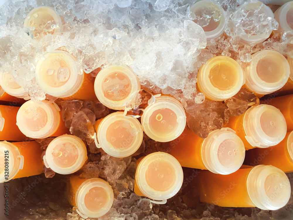 Top view of orange juice packed with ready-to-drink bottles, Freshly ...
