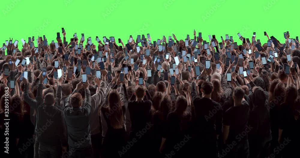 GREEN SCREEN Back view huge crowd of people with phones in hands at ...