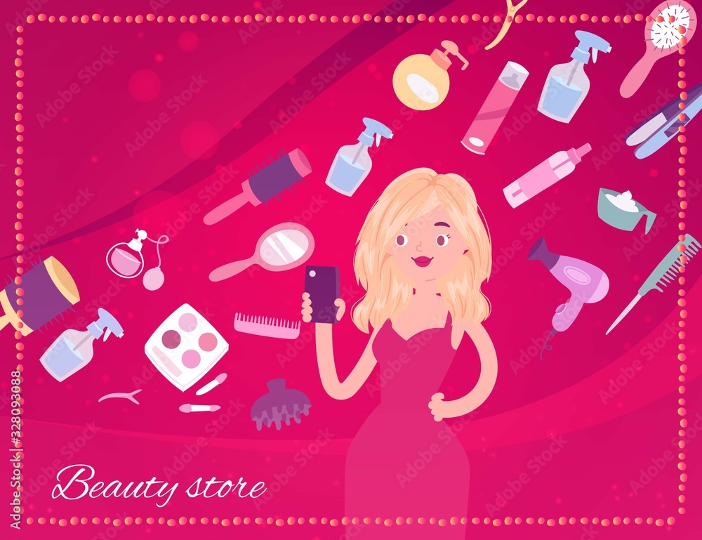 Beauty store banner with cosmetics, makeup accessories, fan, brushes ...