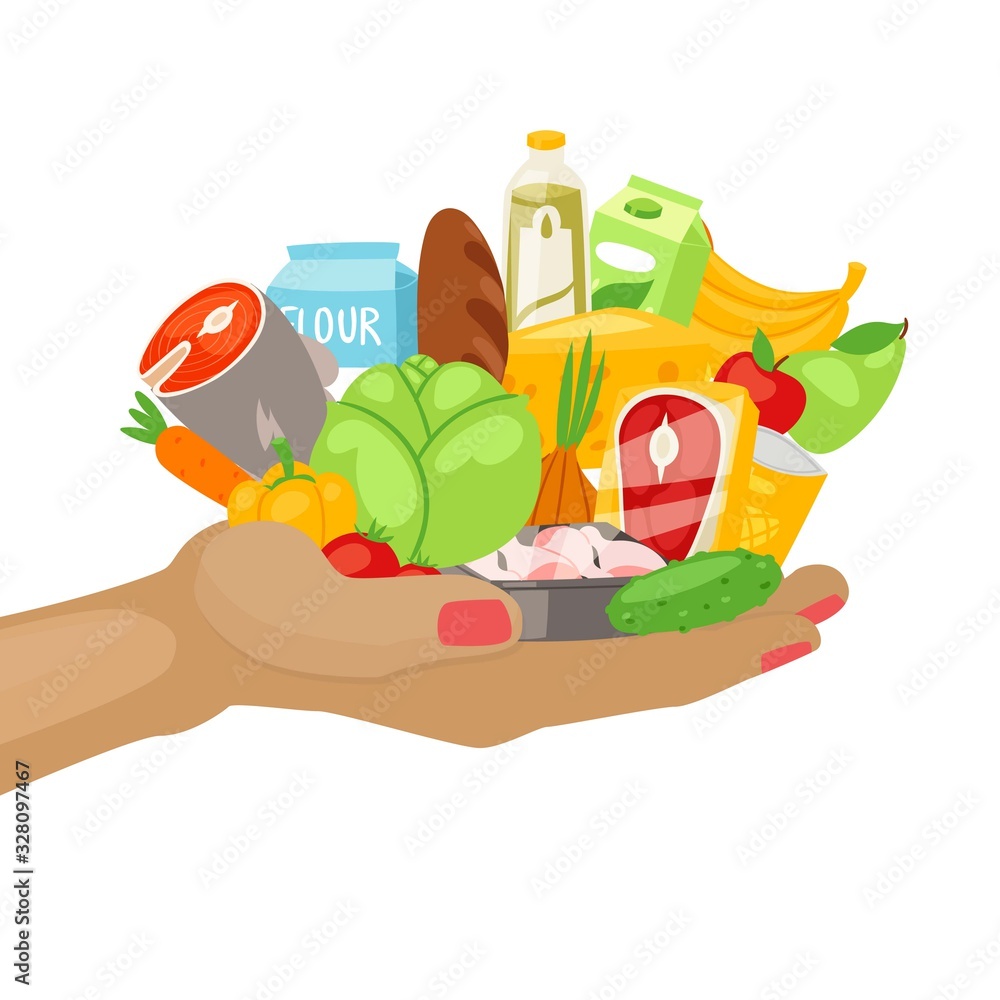Daily Menu Products Meal For Every Day Healthy Food On Hand Cartoon daily-menu-products-meal-for-every-day-healthy-food-on-hand-cartoon
