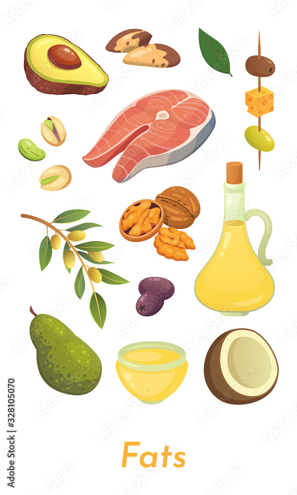 Fat food set. Vector fats icons collection. Diet, delicious meal ...