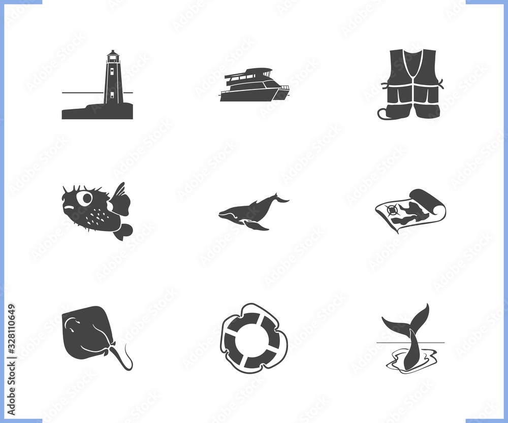 Sea world icon set and crampfish with ferry, whale tail and puffer fish ...