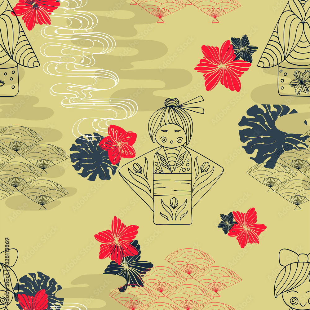 Japanese linear seamless pattern with kokeshi and lotus red flowers for ...