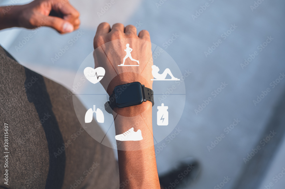 Running man with smart watch. Concept of The technology to check health ...