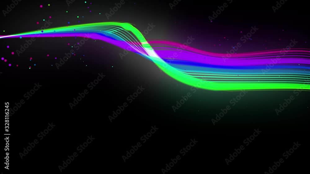 multi-colored neon lines of ribbon fly in the air, smoothly oscillation ...