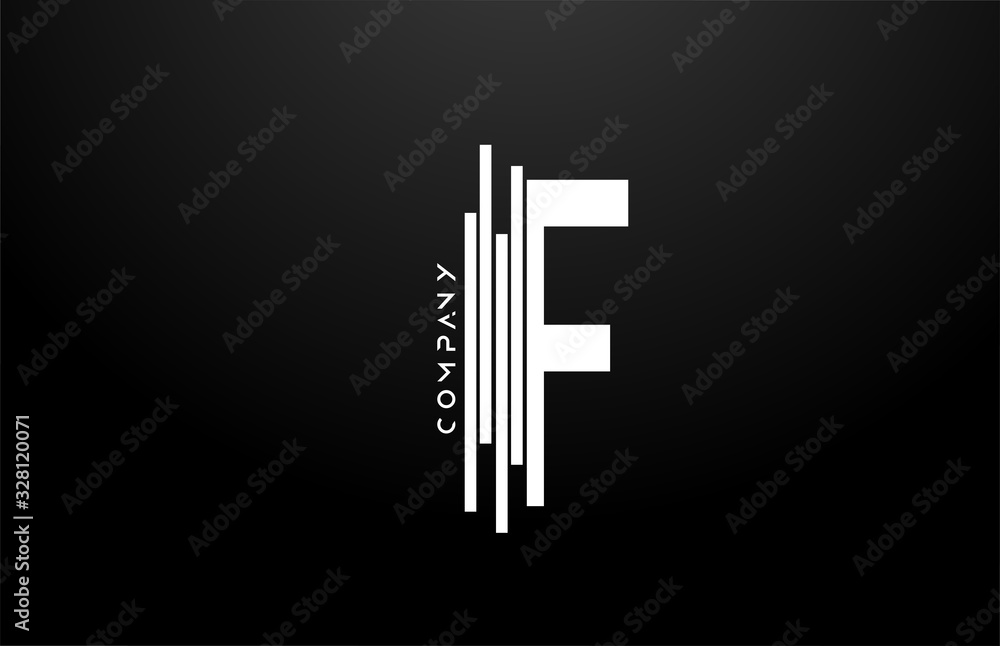 F black white letter alphabet logo design with lines icon for business ...