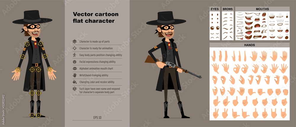 Cartoon funny bandit hero in black mask and hat from wild west. Ready ...