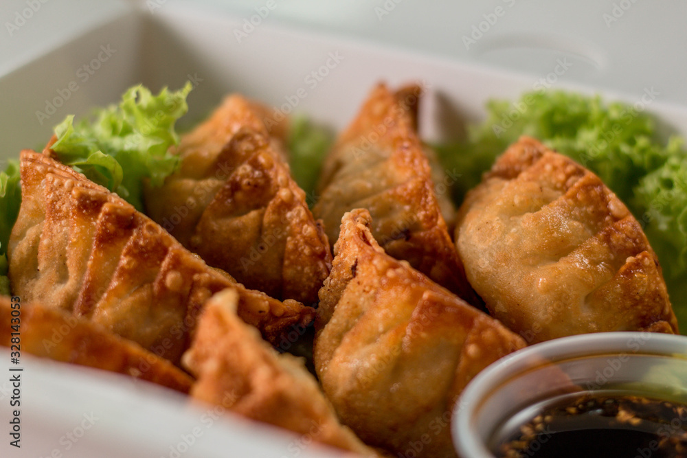 gyoza empanada comida deliciosa asiatica y lechuga desde arriba con ...