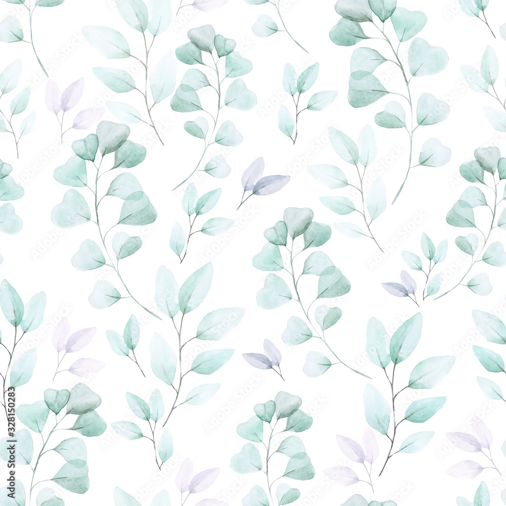 Seamless pattern watercolor drawing eucalyptus leaves isolated on white background. delicate ...