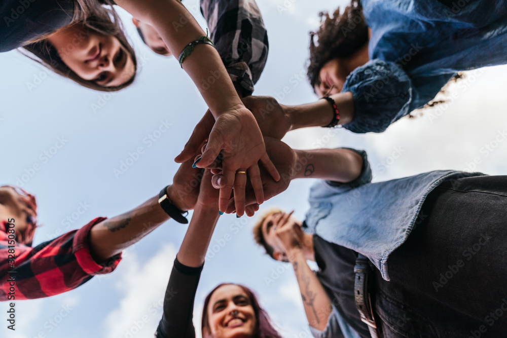 Many hands together: group of people joining hands. Stock Photo | Adobe ...