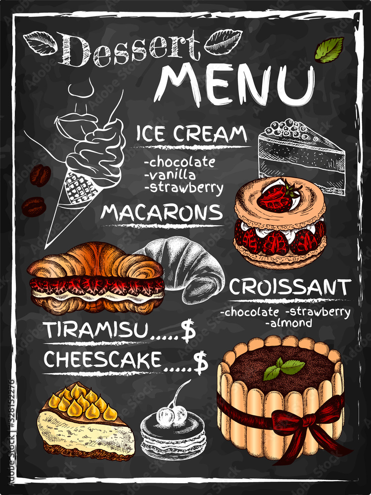 Sketch hand drawn poster of dessert menu with sketch cake, ice cream ...