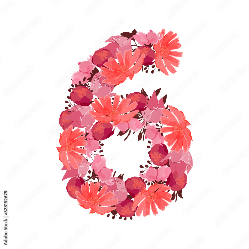 Vector flower number 6. Botanical character, figure. Pink, maroon ...
