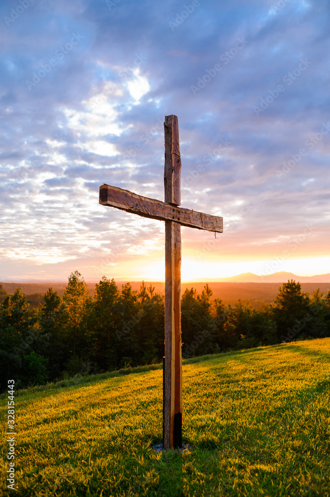 Faith Symbol Beautiful Wooden Cross on Hill with Sun Rays Behind in ...