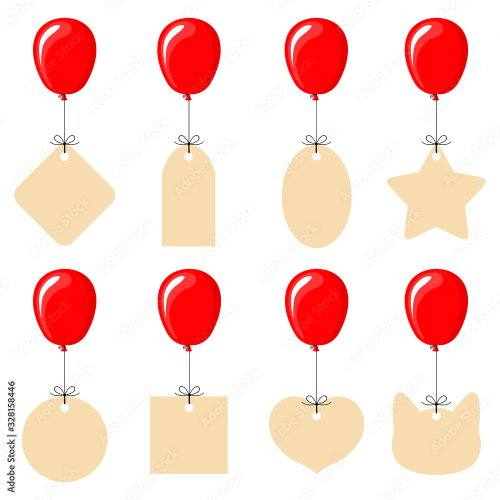 Vector illustrations of labels of different shapes flying on balloons ...