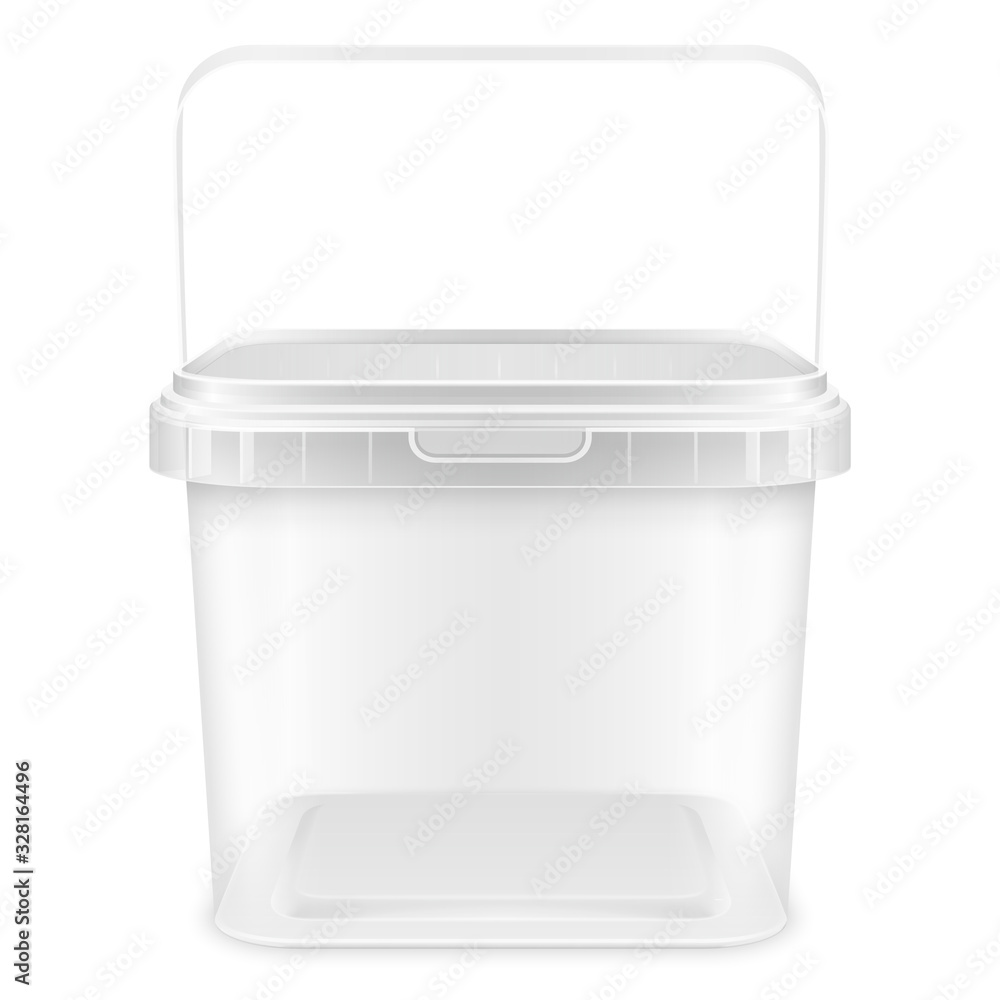Transparent square empty plastic pail with handle. Front view mockup ...
