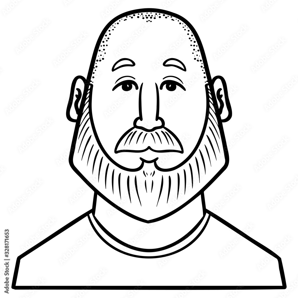 monochrome vector drawing of a man with a full beard and bald head ...