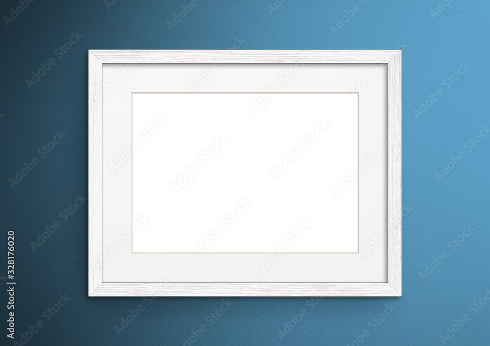 Empty frame. Blank white mounted landscape frame on blue wall Stock ...