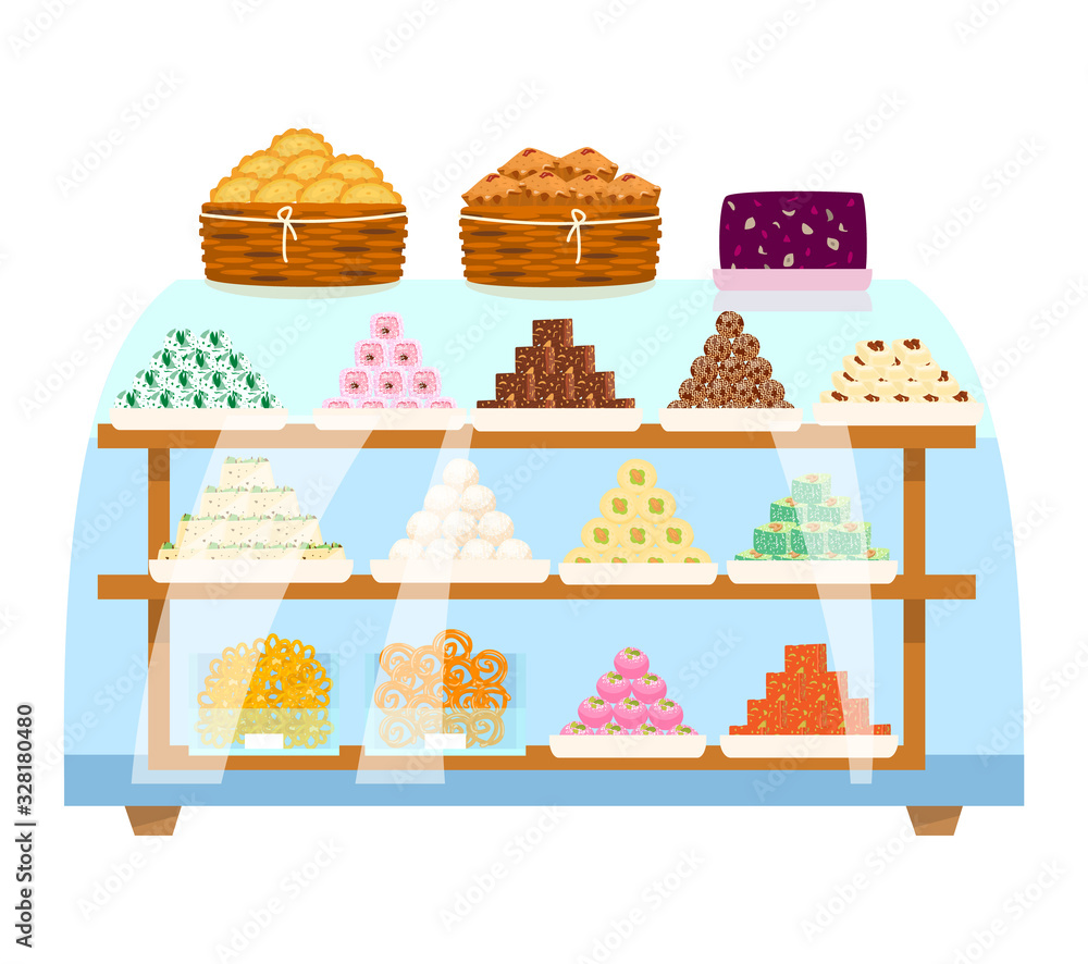 Vector illustration of sweets shop showcase in flat cartoon style ...