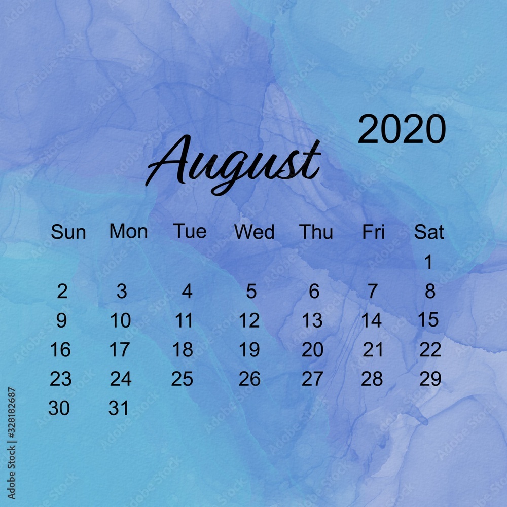 August - Simple calendar layout for 2020 the Week starts on Sunday with ...
