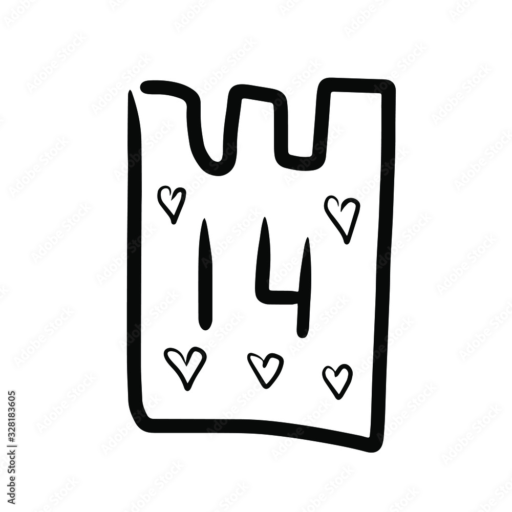 Single hand drawn calendar page with number 14. Doodle vector ...
