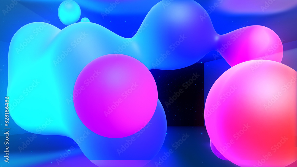 Spheres or balls in room merge like liquid wax drops or metaballs in-air. Liquid gradient of ...