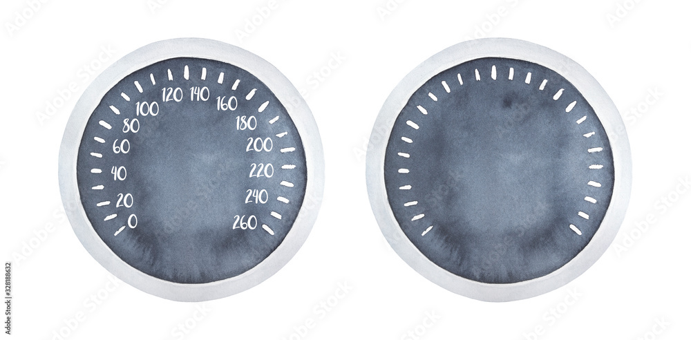 Water color illustration of black universal speedometer with speed ...
