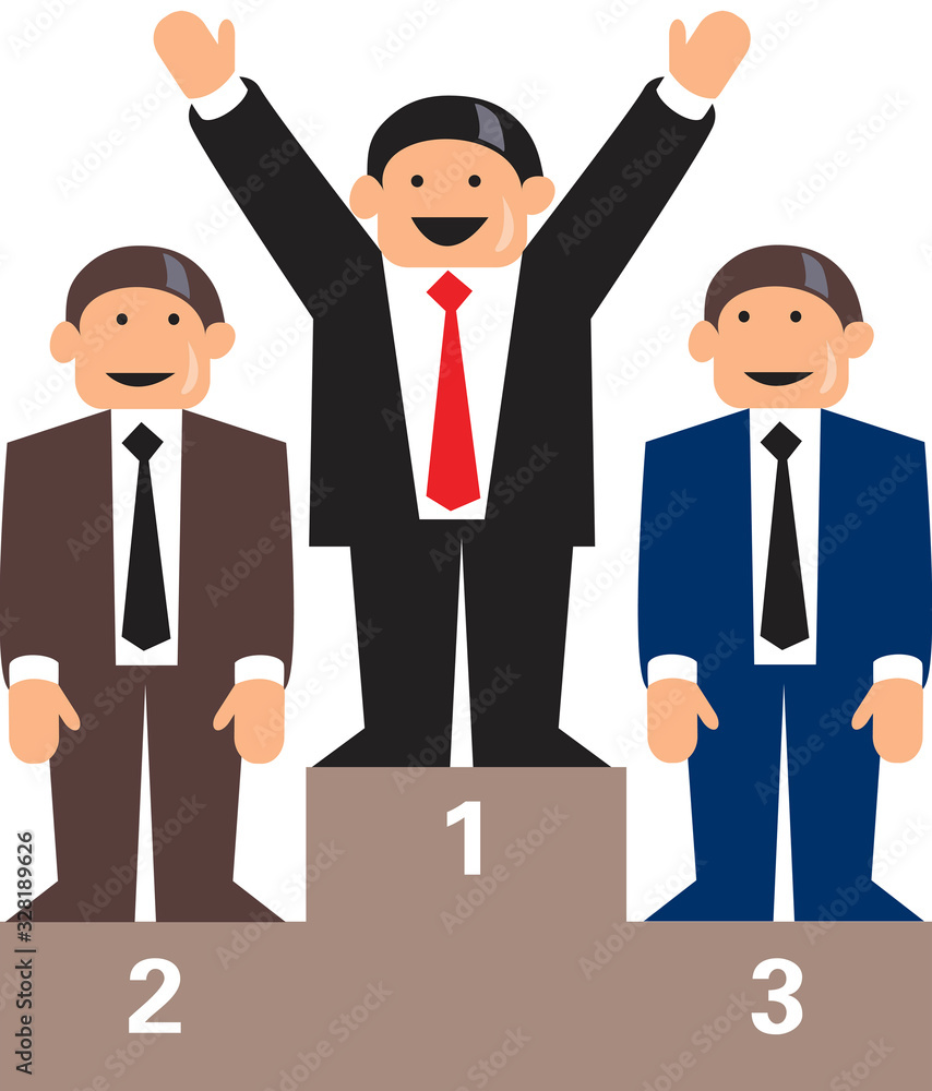 Happy funny businessman standing as number one on a winner podium ...