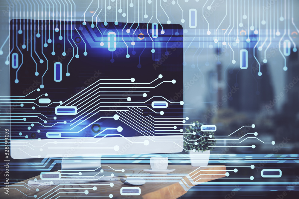 Technology theme drawing and table with computer. Multi exposure ...