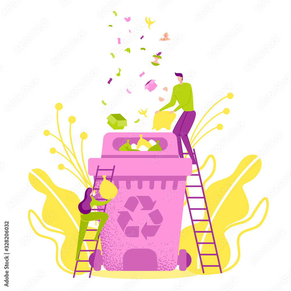 Small People Going up by Ladder to Put Rubbish into Big Bin ...