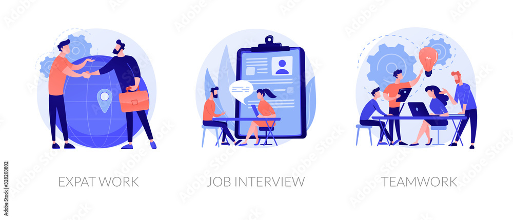 Employment stages icons set. Recruitment service searching candidates ...