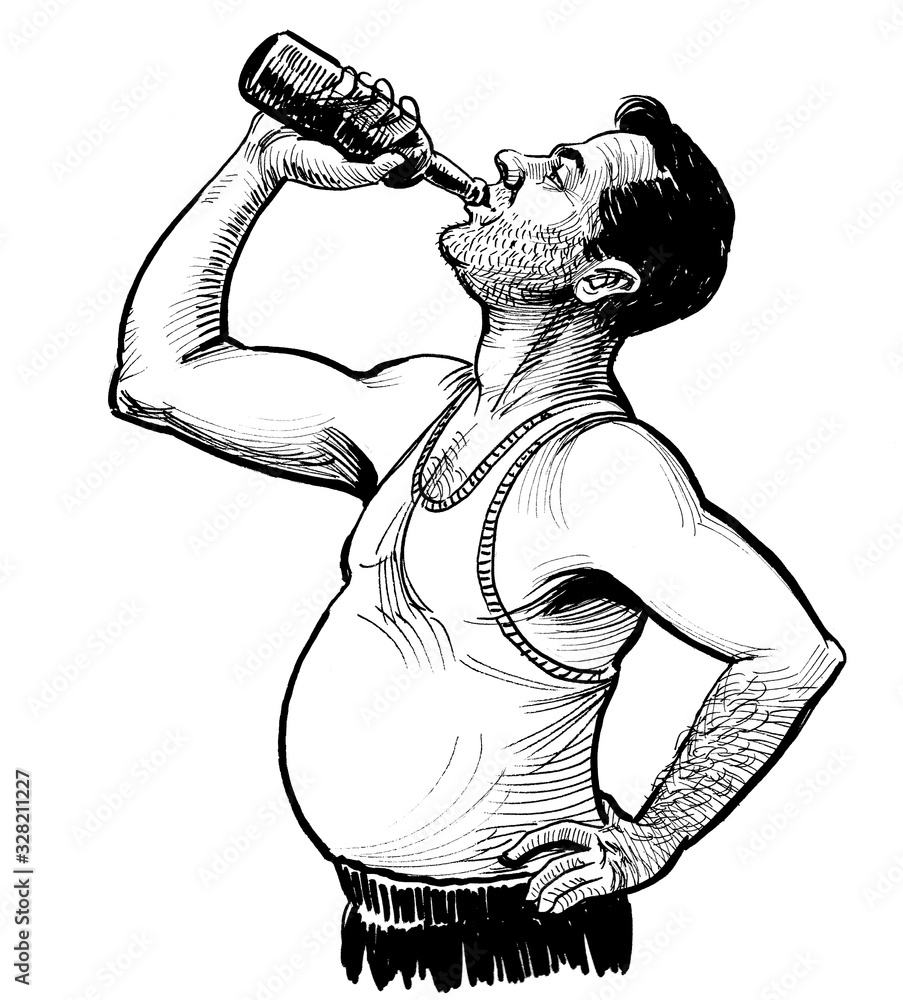 Fat alcoholic man drinking beer from the bottle. Ink black and white ...