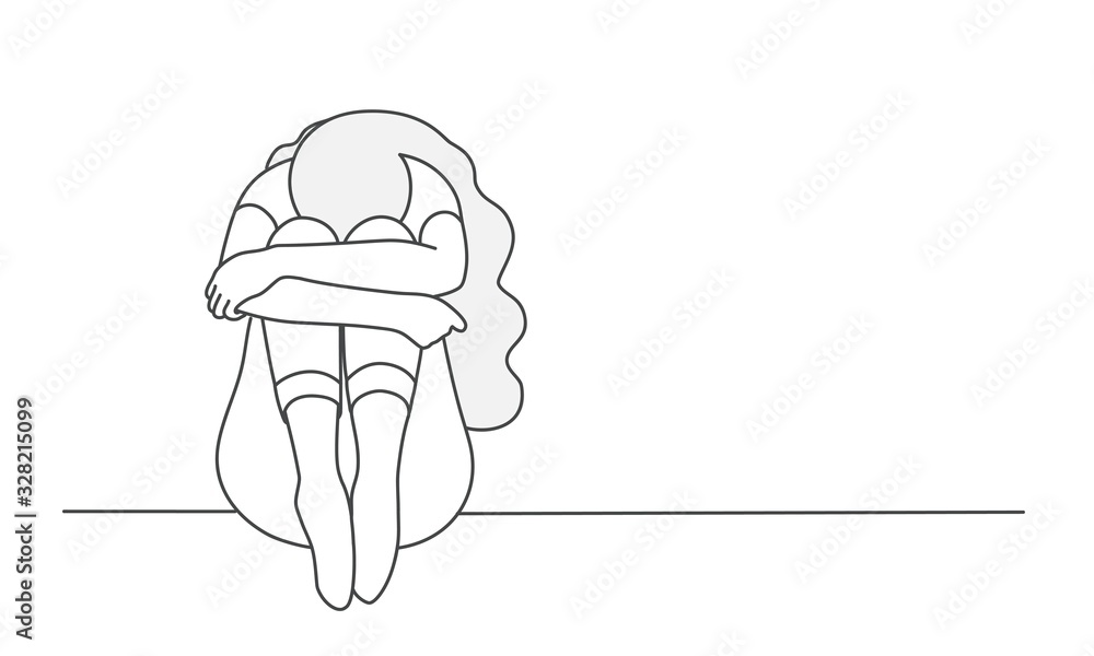Girl sitting on the floor hugging her legs. Hand drawn vector ...