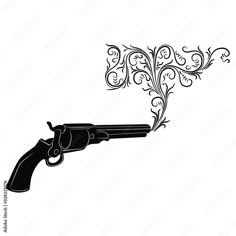 Isolated vector illustration. Vintage revolver with smoke from its ...