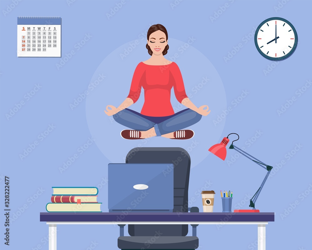 Businesswoman doing yoga to calm down the stressful emotion from hard ...