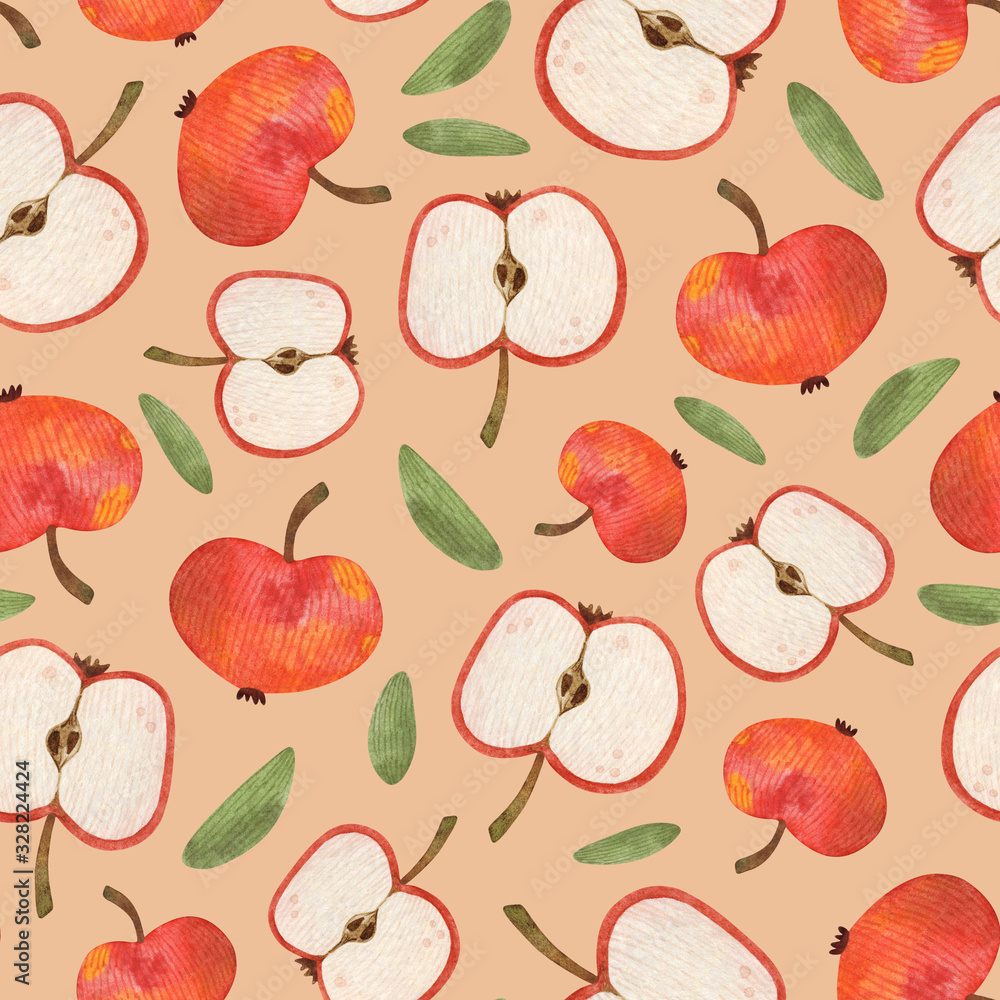 Watercolor seamless pattern with red whole and cut apples. Fruit ...
