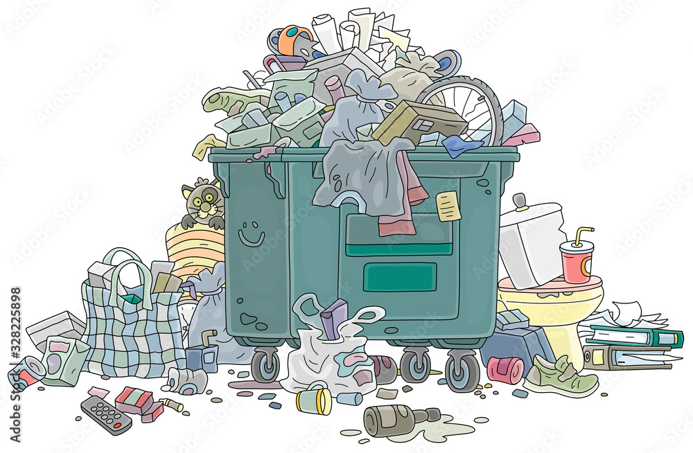 Crowded street litter bin with household garbage and waste, vector ...