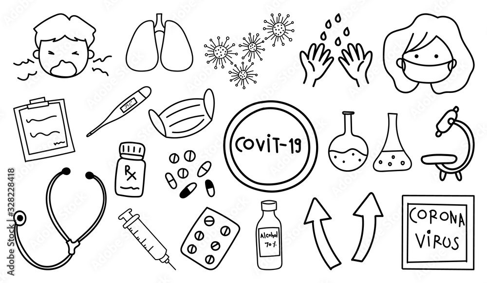 Coronavirus hand drawn doodle collection. Health Care icon, Corona ...