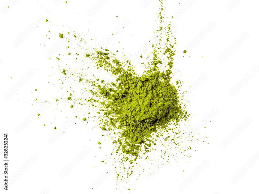 Green matcha tea powder on white background. Powdered maccha tea ...