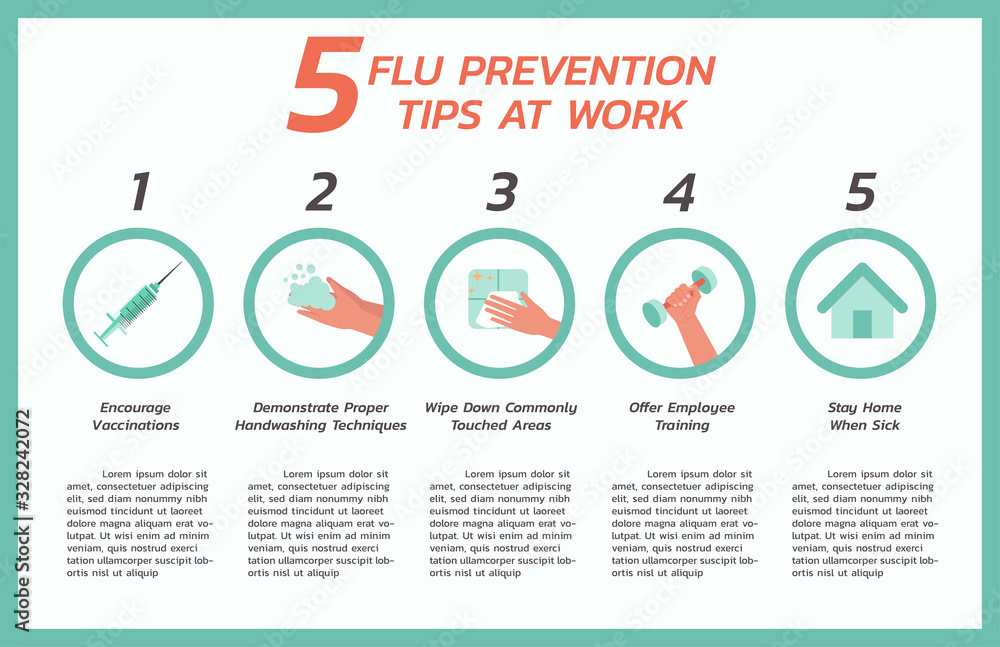 five flu prevention tips at work infographic concept, healthcare and ...