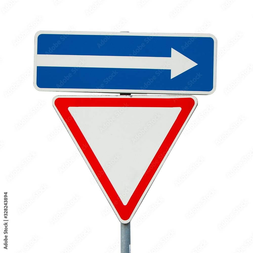 Road signs give way and one-way traffic on a white background Stock ...