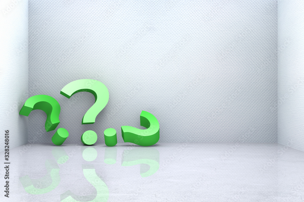 Green Question Mark on white room Background. 3D Render. Stock ...