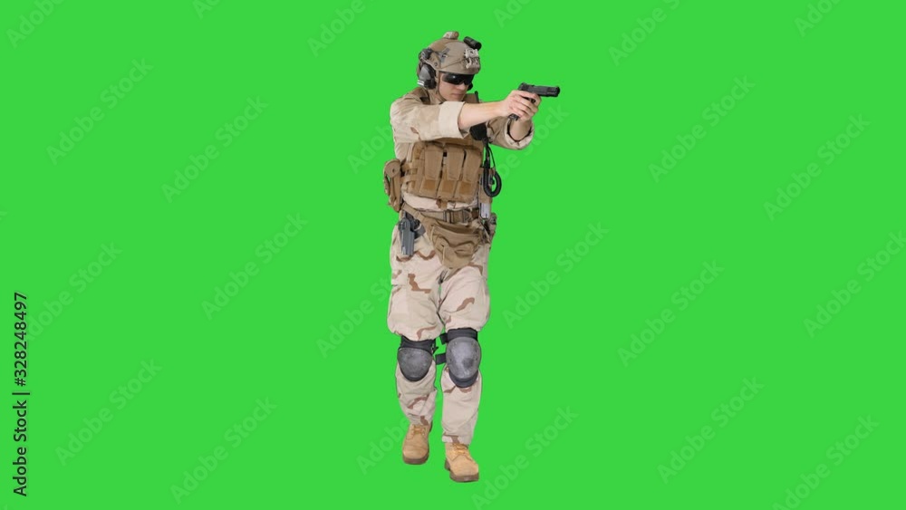 Soldier walking and aiming with a pistol on a Green Screen, Chroma Key ...