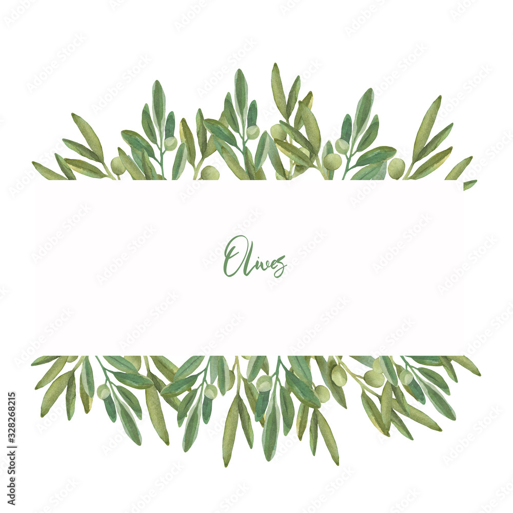 Watercolor olive floral illustration - olive bouquet frame, border for ...