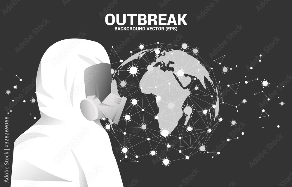 White Hazmat suit with full mask and virus particle around world globe ...