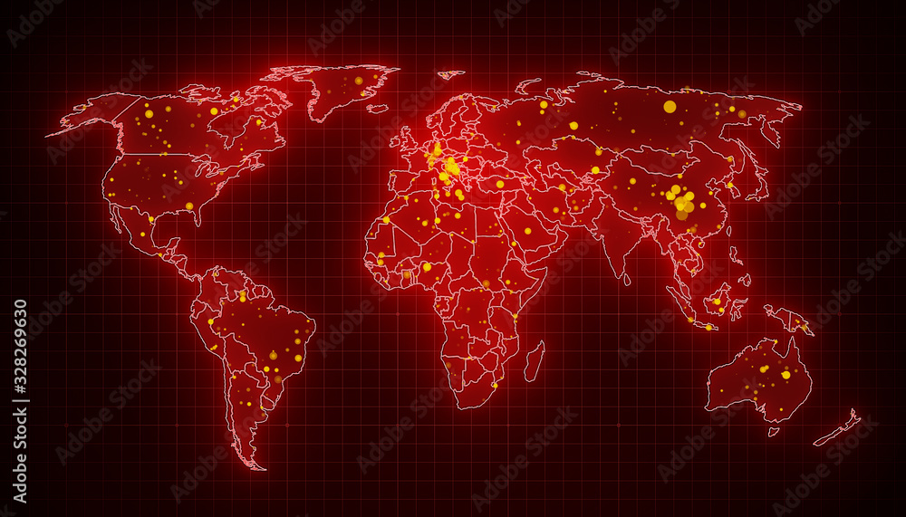 3d render of a world map showing the outbreak of the coronavirus with ...