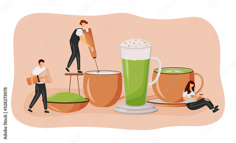 Matcha latte flat concept vector illustration. Green tea powder. Man ...